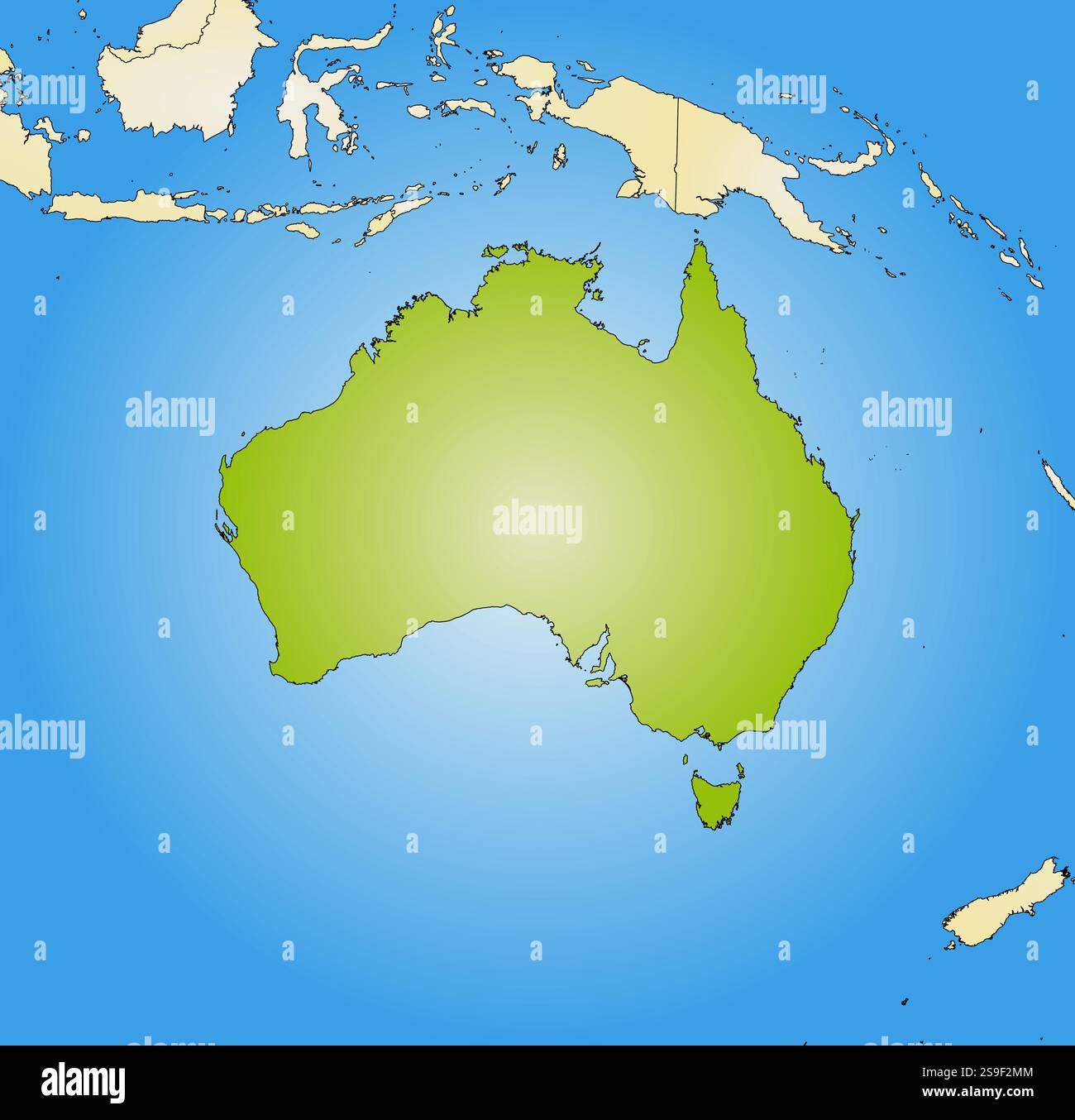 Map of Australia and nearby countries, filled with a radial gradient ...