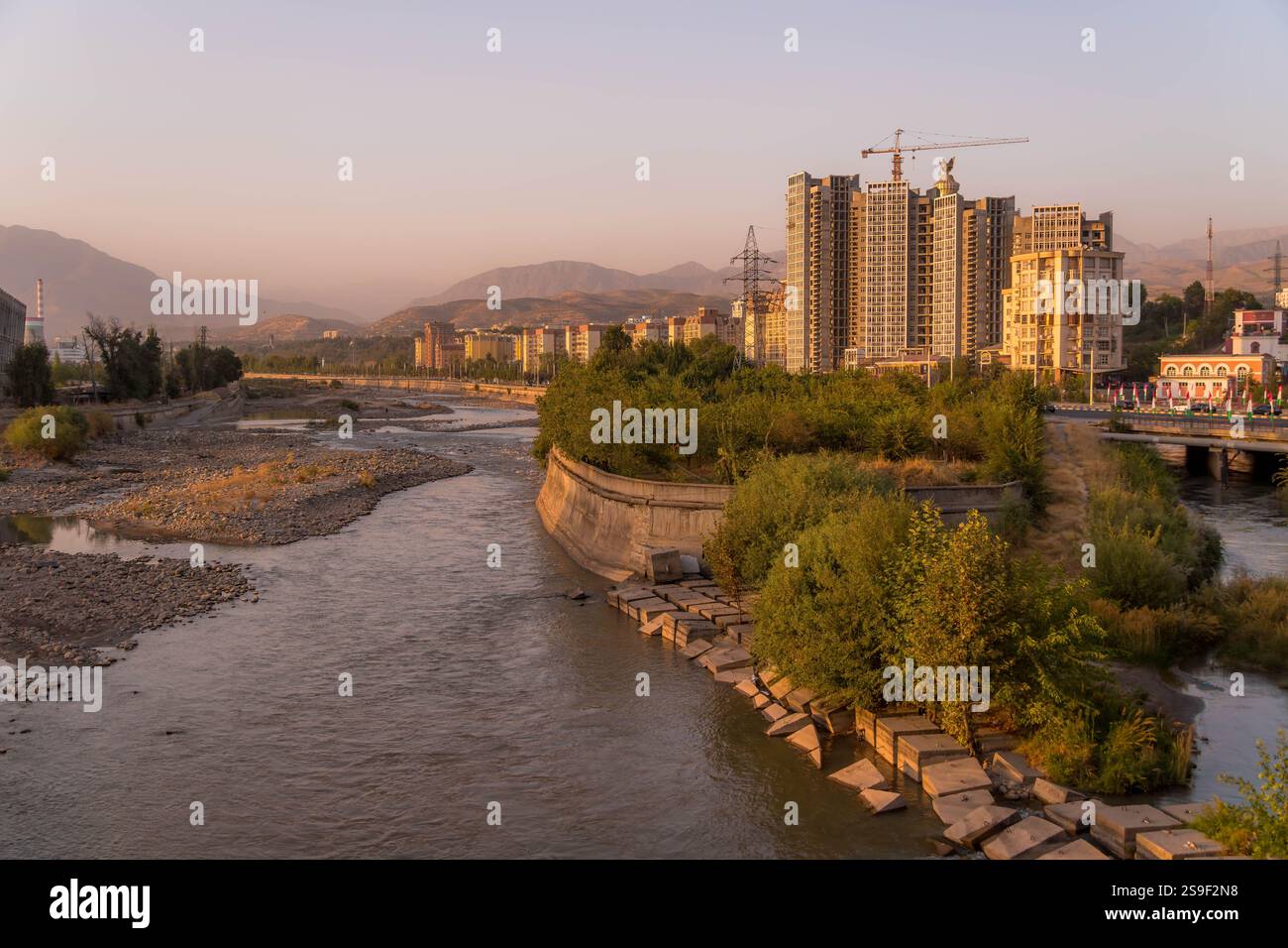 The view of Dushanbe, Tajikistan capital, on the Dushanbinka river bank ...