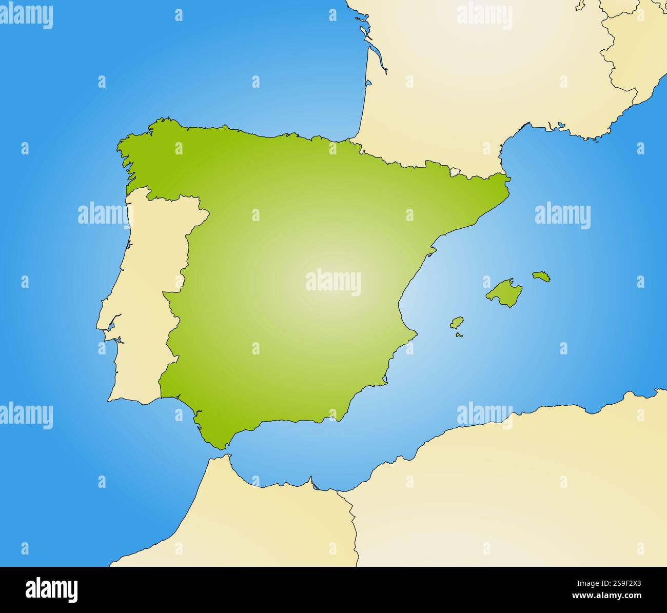 Map of Spain and nearby countries, filled with a radial gradient Stock ...