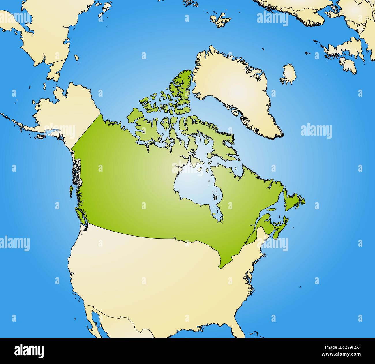 Map of Canada and nearby countries, filled with a radial gradient Stock ...