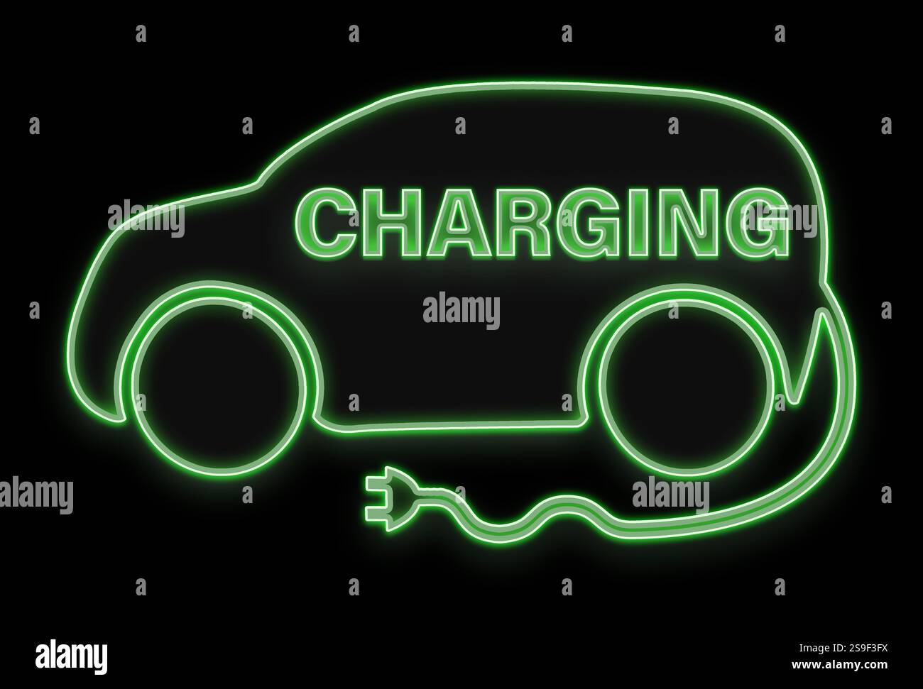Green neon icon of an electric car charging illustration on black ...