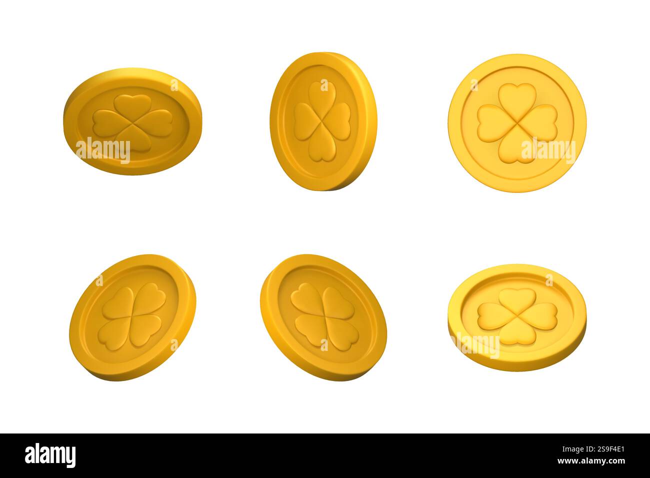 Gold fortune money set. Golden 3d coins with clover leaves in different ...