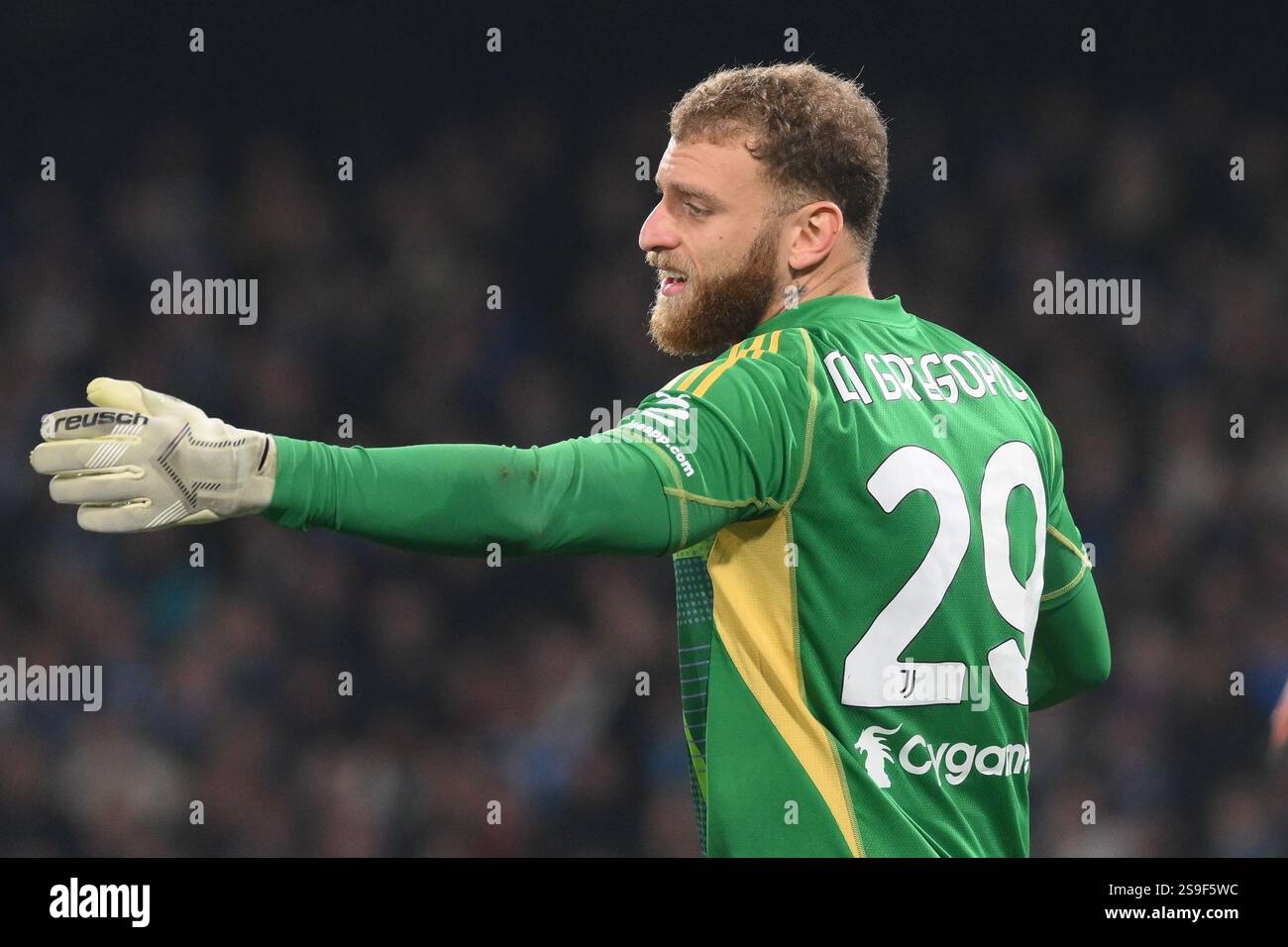 Michele Di Gregorio of Juventus FC gestures during the Serie A Enelive ...