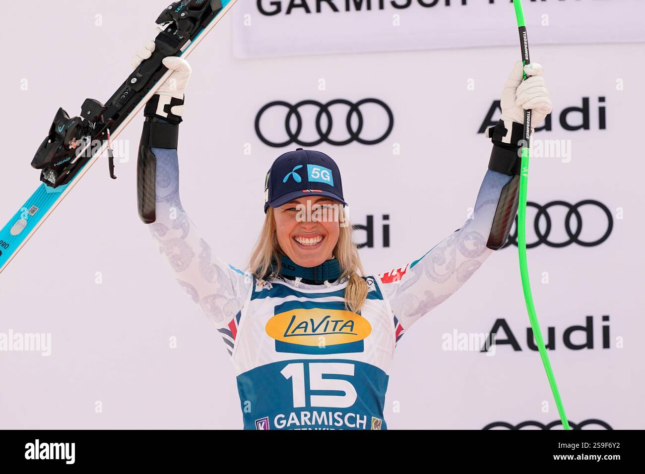 Second placed Norway's Kajsa Vickhoff Lie, celebrates after an alpine ...