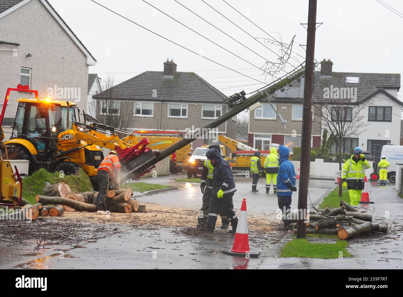 Workers clearing a fallen tree on Grove Park Drive in Dublin as ESB ...