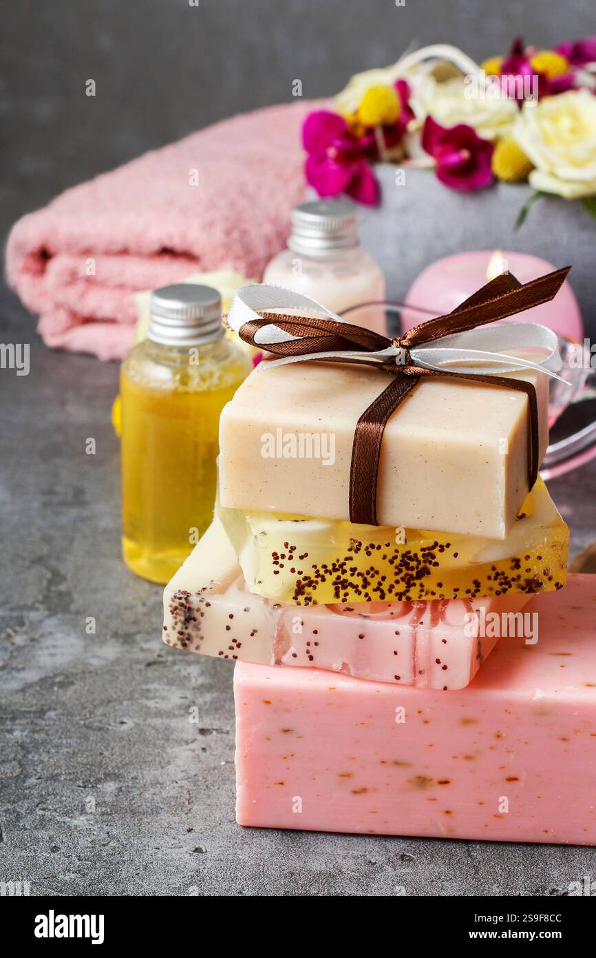 Spa set: bars of handmade soap and bottle of essential oil. Spa time ...