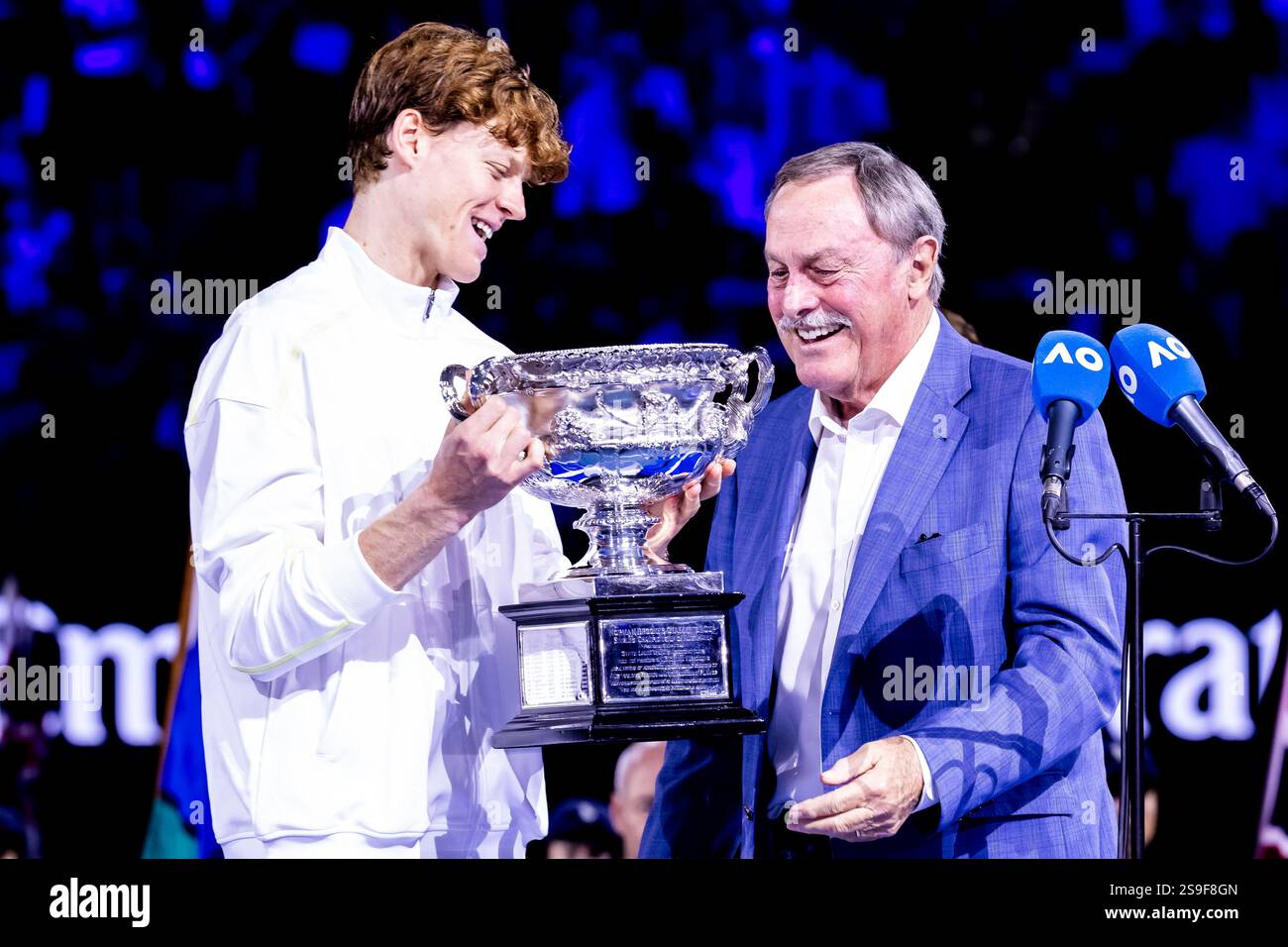 MELBOURNE, VIC - JANUARY 26: Jannik Sinner of italy receives the Norman Brookes Challenge Cup ...