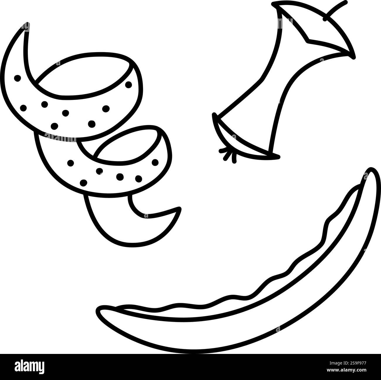 Vector black and white set of fruit leftover icons. Line apple stub ...