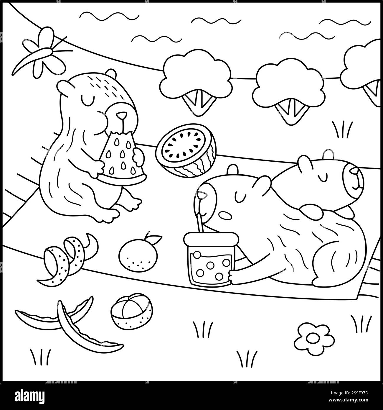 Vector black and white capybara landscape illustration. Cute line ...