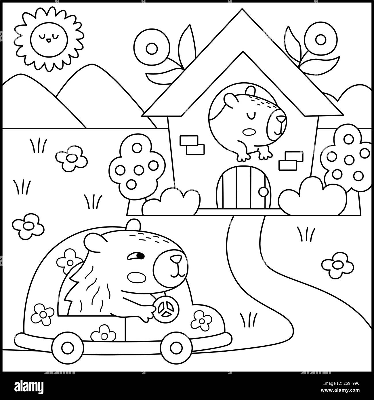 Vector black and white capybara landscape illustration. Cute line ...