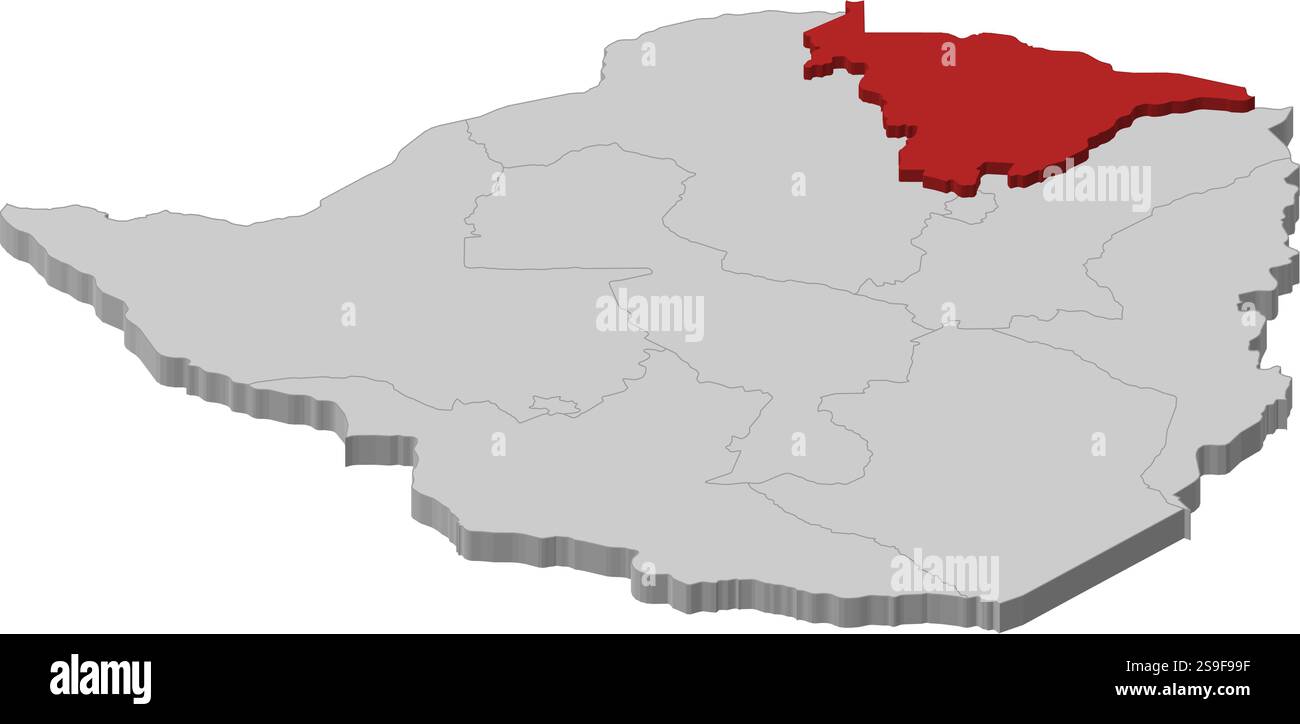 Map of Zimbabwe as a gray piece, Mashonaland Central is highlighted in ...