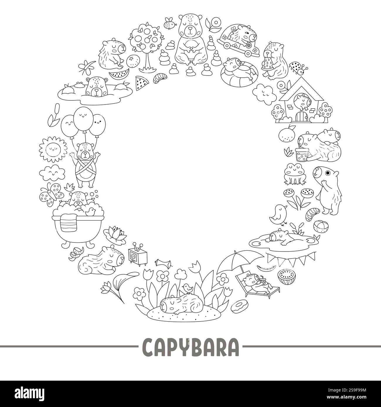 Vector black and white capybara round wreath frame with relaxed animals ...