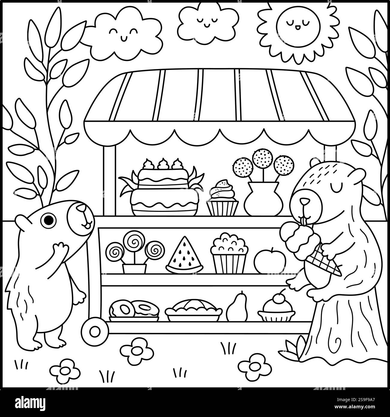 Vector black and white capybara landscape illustration. Cute line ...
