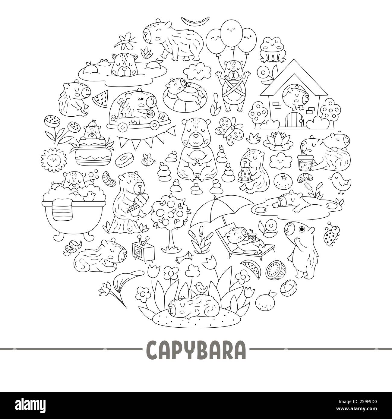 Vector black and white capybara round frame with relaxed animals, frog ...
