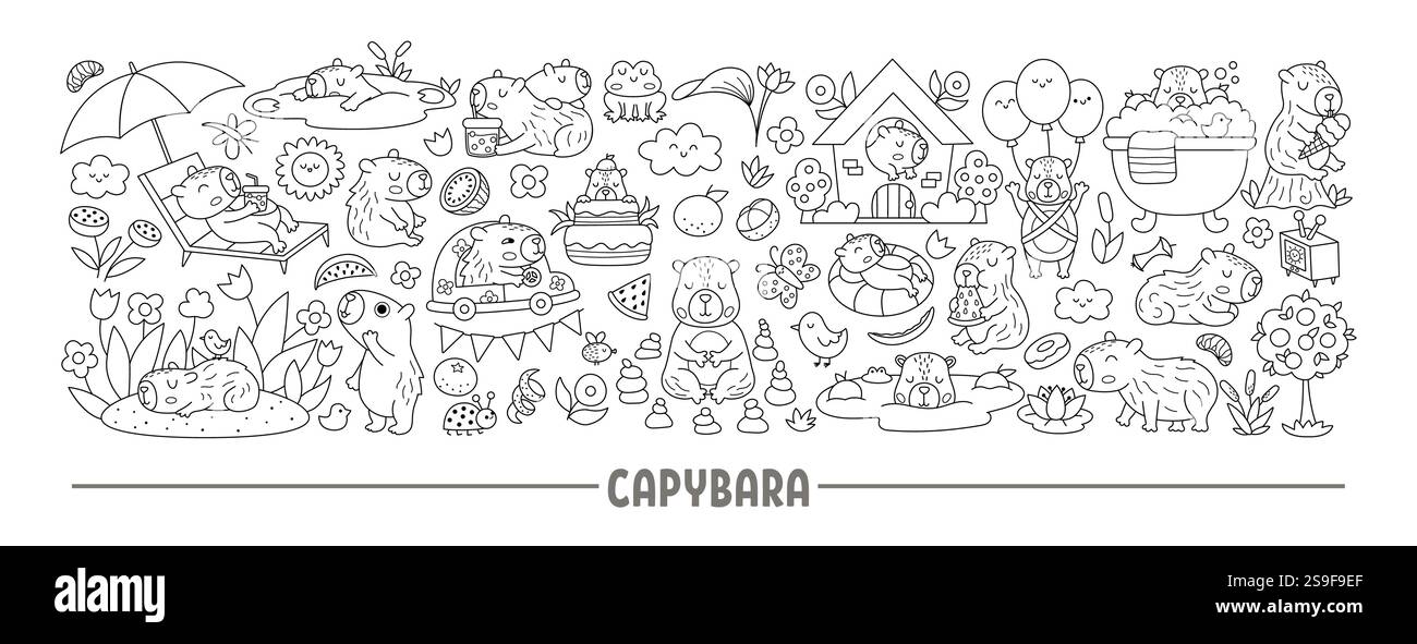 Vector black and white capybara horizontal set with relaxed animals ...