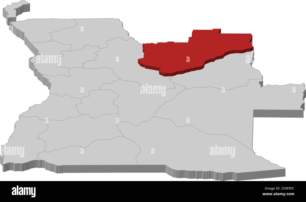 Map of Angola as a gray piece, Lunda Norte is highlighted in red Stock ...