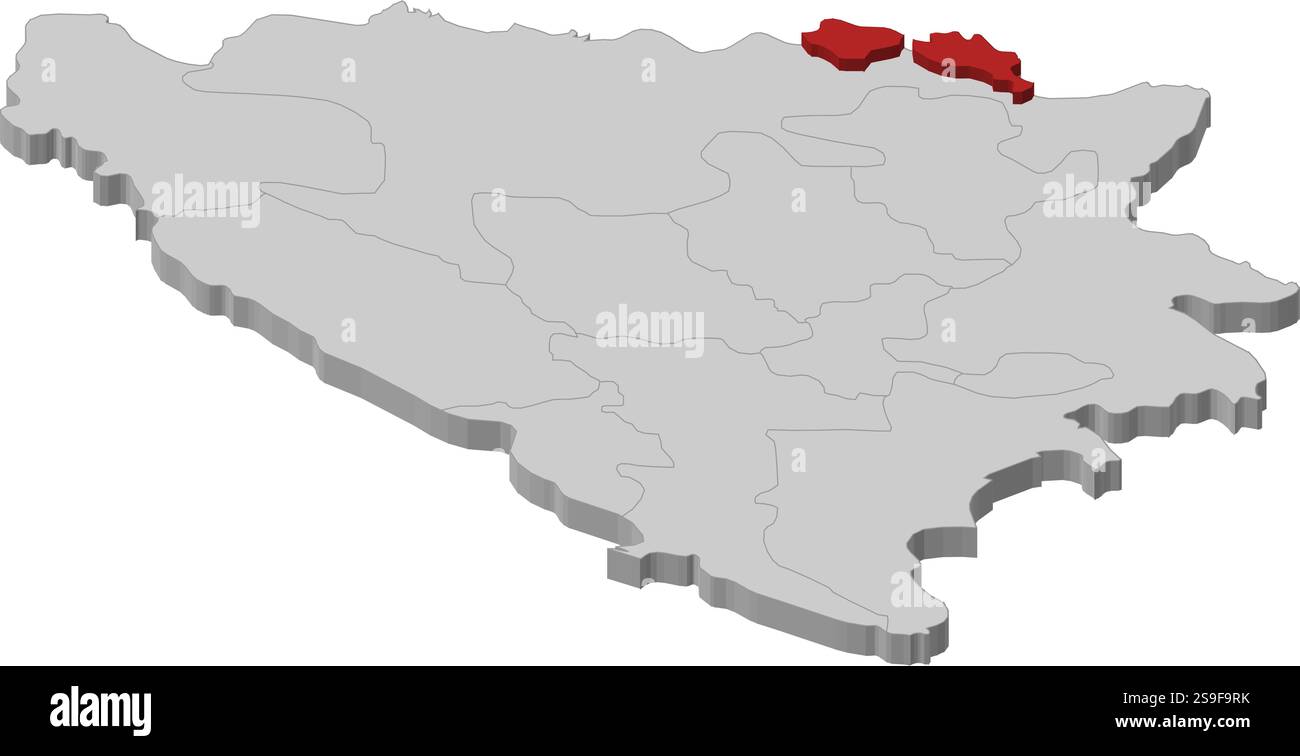 Map of Bosnia and Herzegovina as a gray piece, Posavina is highlighted ...