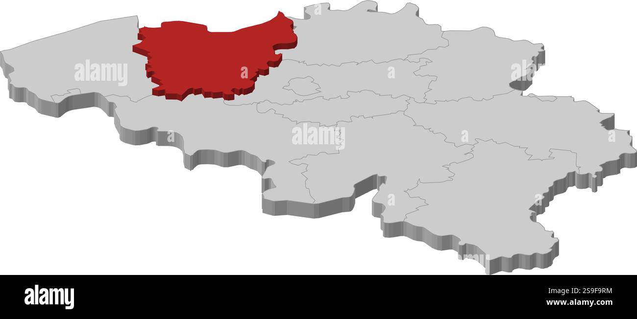 Map of Belgium as a gray piece., East Flanders is highlighted in red ...