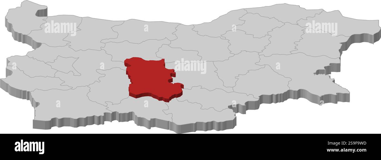 Map of Bulgaria as a gray piece, Plovdiv is highlighted in red Stock ...