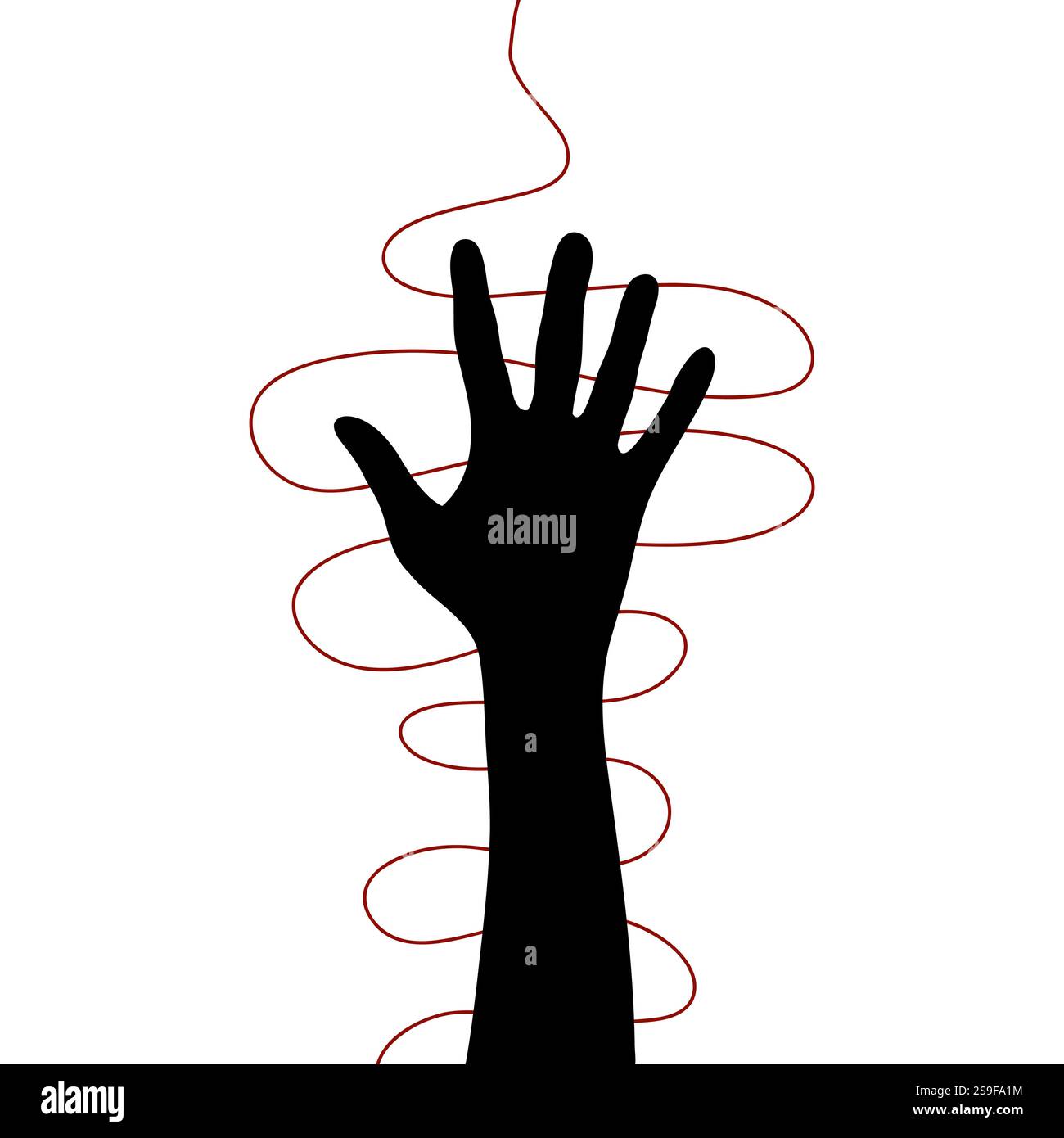 Raised hand with trapped in red tangled strings. Gesture, sign of help ...