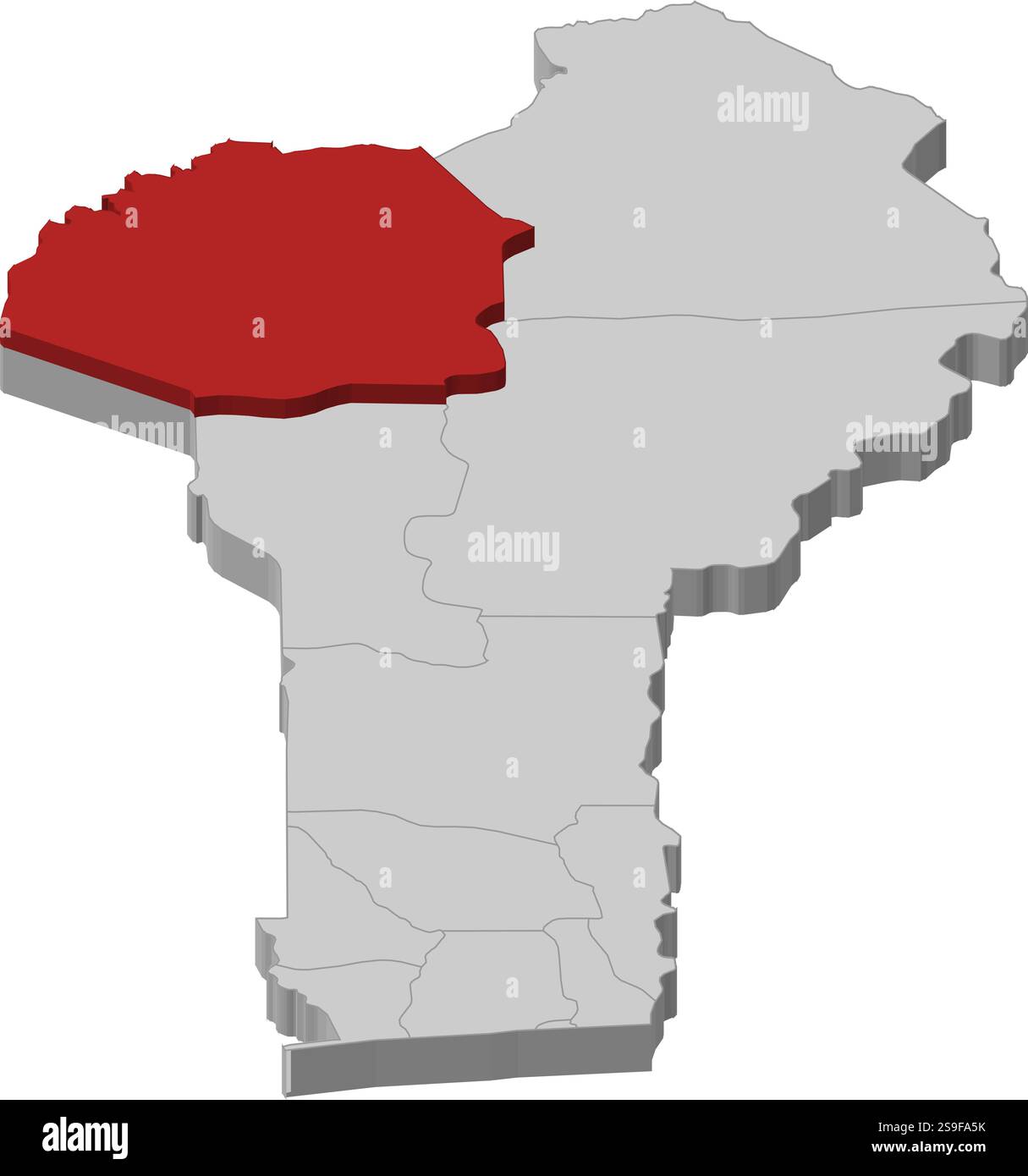 Map of Benin as a gray piece, Atakora is highlighted in red Stock ...