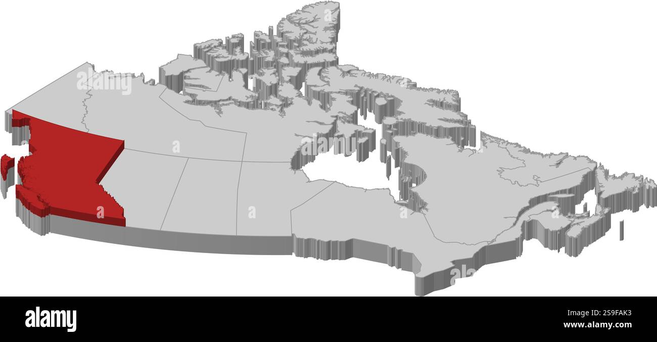 Map of Canada as a gray piece., British Columbia is highlighted in red ...