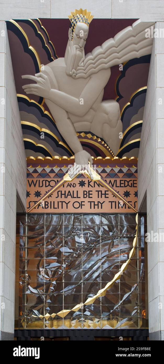 The Wisdom iconic art deco bas relief artwork at the entrance of the ...