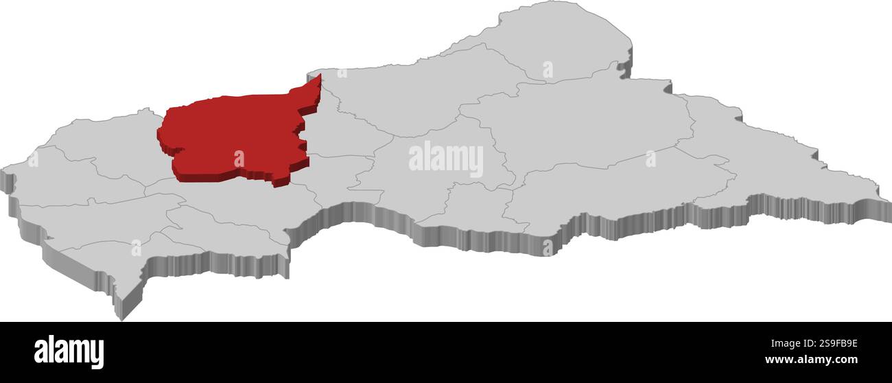 Map of Central African Republic as a gray piece, Ouham is highlighted ...