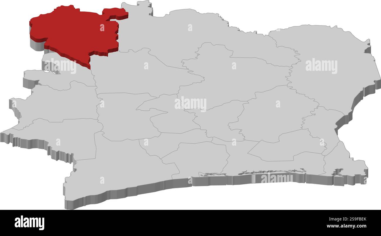 Map of Ivory Coast as a gray piece, Denguélé is highlighted in red ...