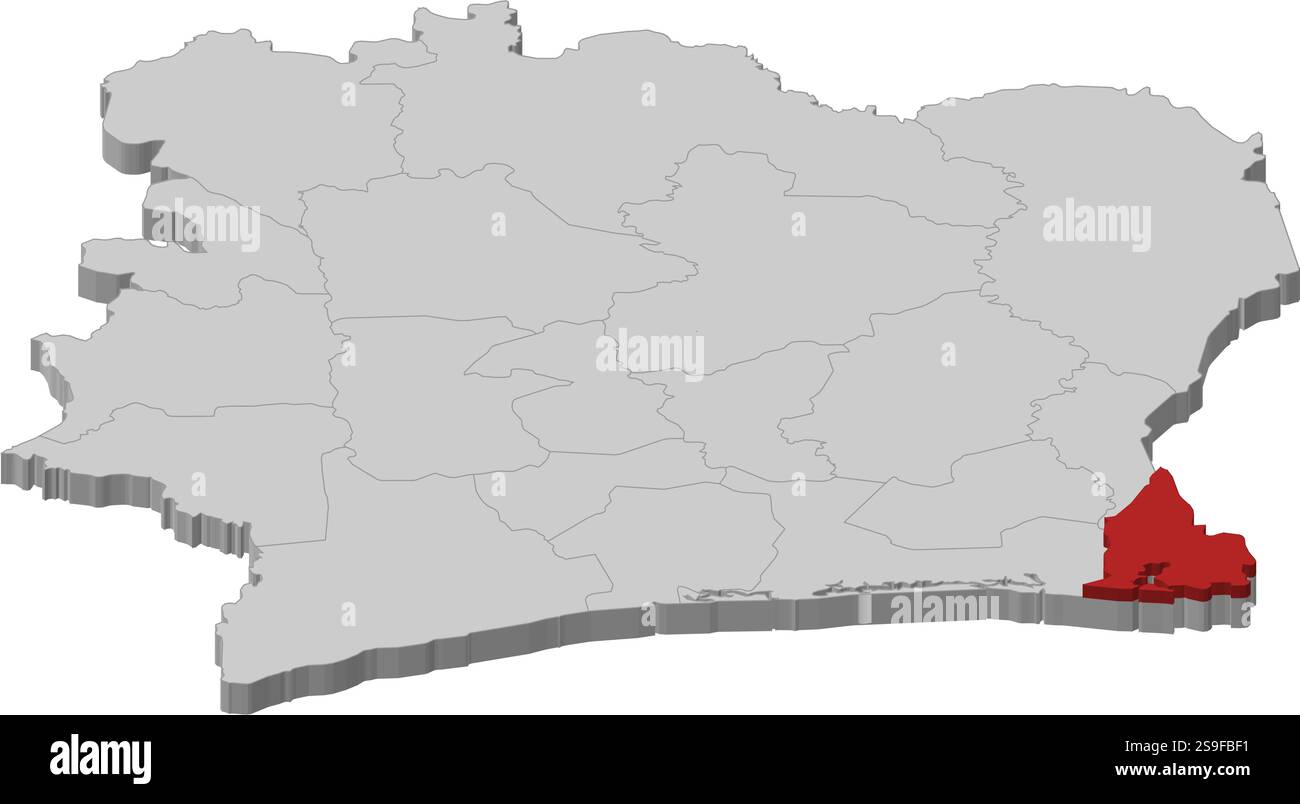 Map of Ivory Coast as a gray piece, Sud-Comoé is highlighted in red ...
