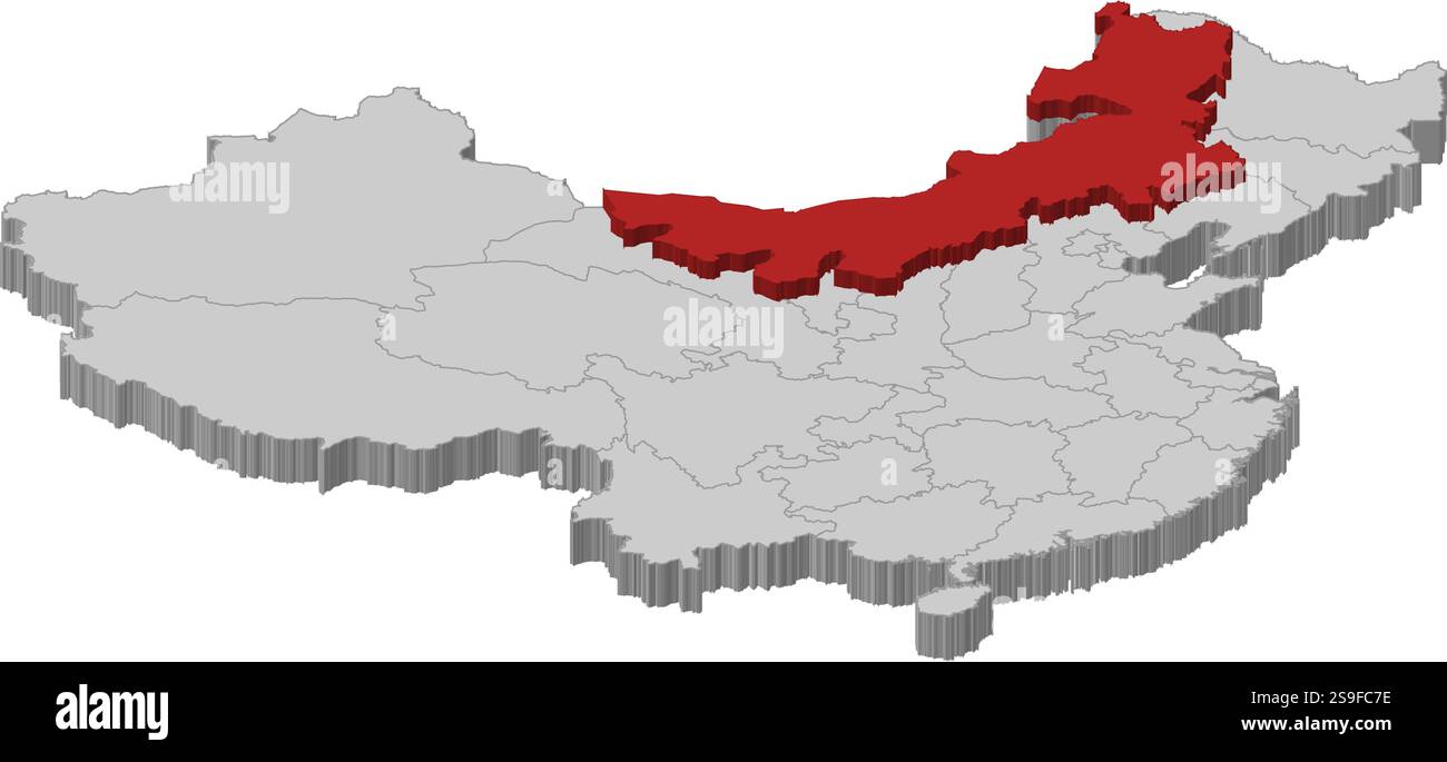 Map of China as a gray piece., Inner Mongolia is highlighted in red ...