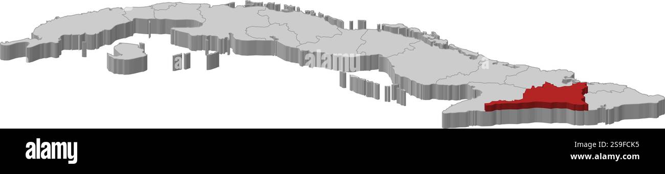 Map of Cuba as a gray piece, Santiago de Cuba is highlighted in red ...