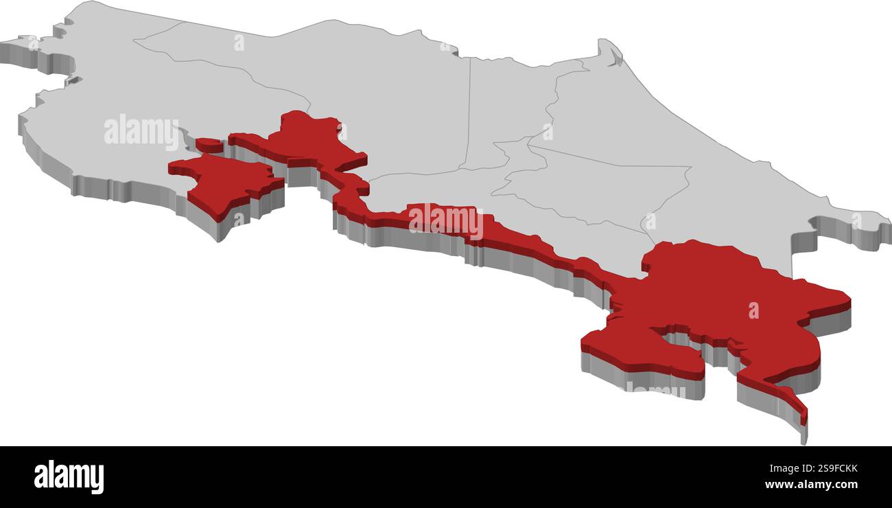 Map of Costa Rica as a gray piece, Puntarenas is highlighted in red ...