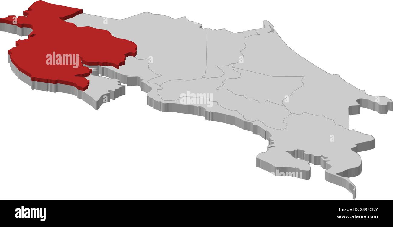 Map of Costa Rica as a gray piece, Guanacaste is highlighted in red ...