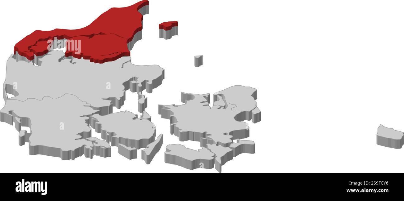 Map of Danmark as a gray piece., North Denmark is highlighted in red ...