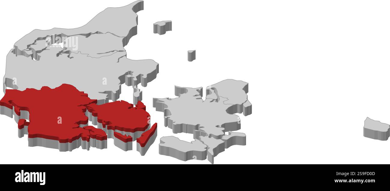 Map of Danmark as a gray piece., South Denmark is highlighted in red ...