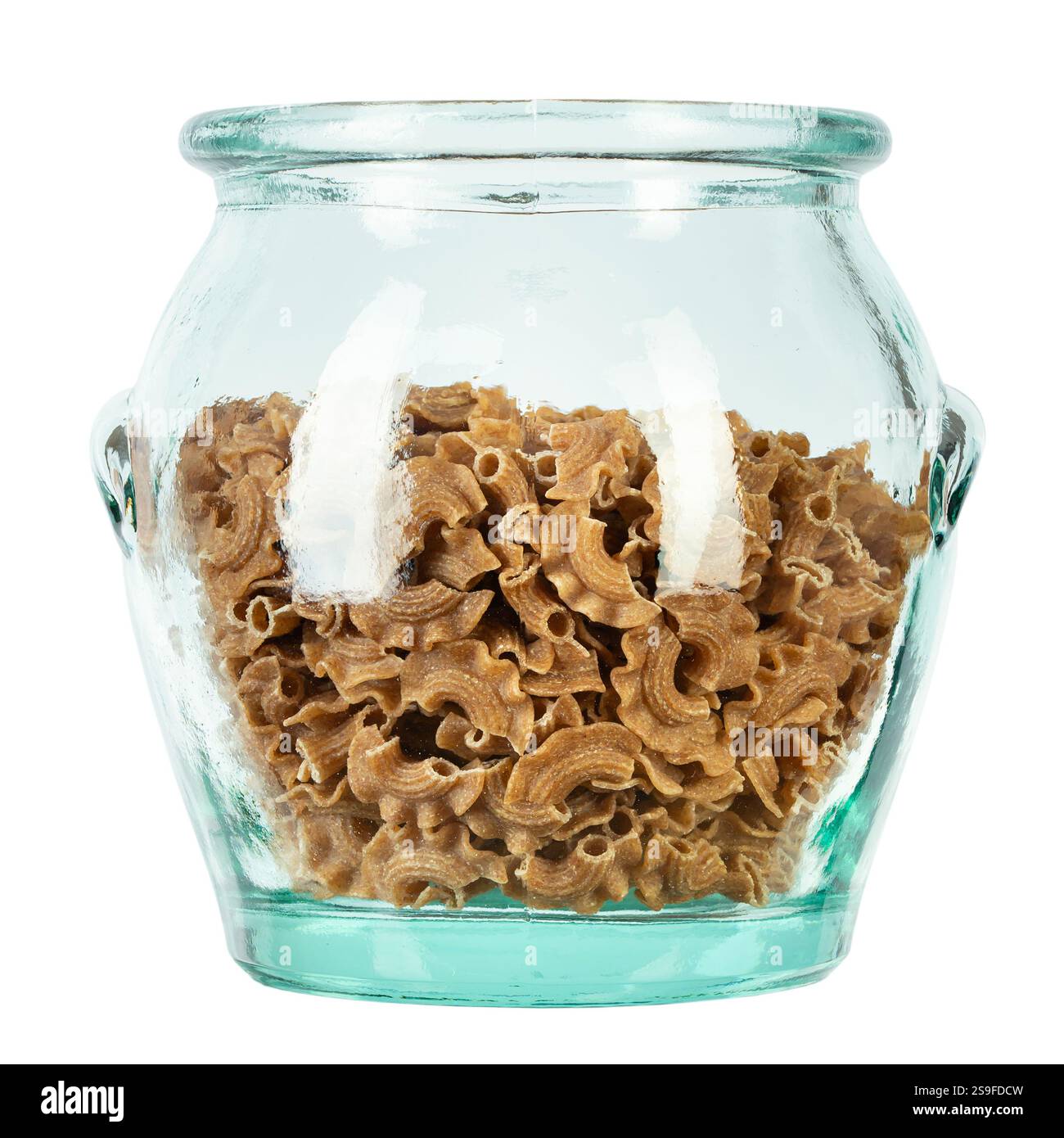 Glass jar filled raw pasta isolated on white background. File contains ...