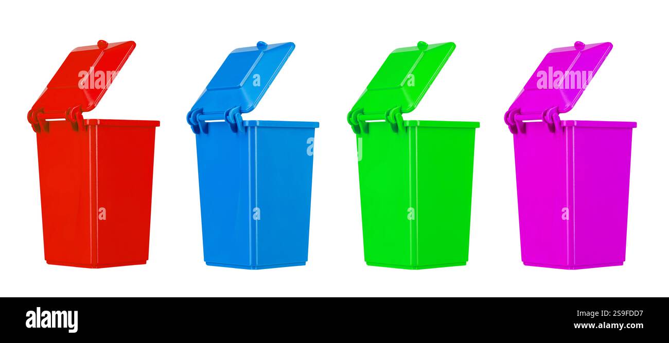Set multi colors recycling bins with open lid isolated on white ...