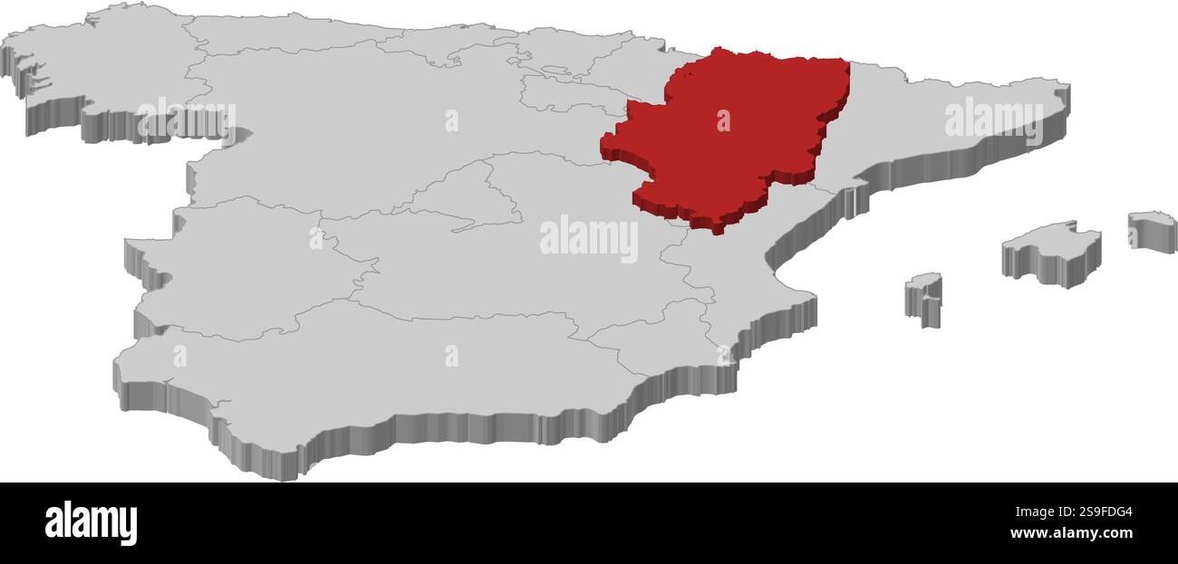 Map of Spain as a gray piece., Aragon is highlighted in red Stock ...