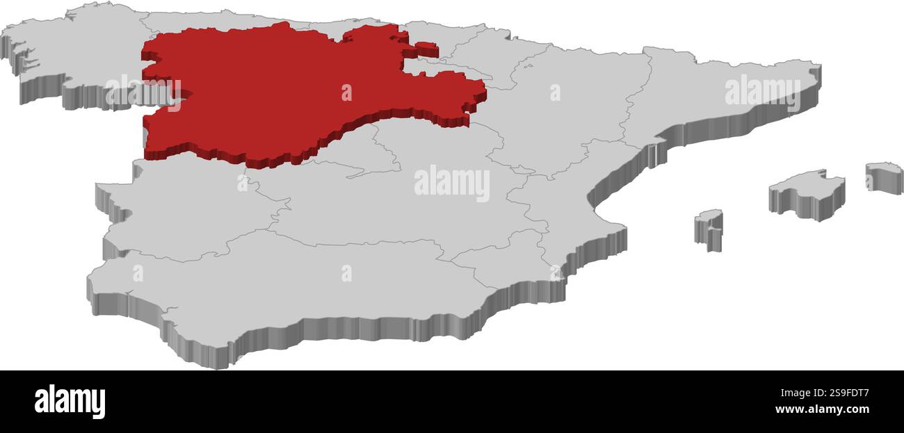 Map of Spain as a gray piece., Castile and León is highlighted in red ...