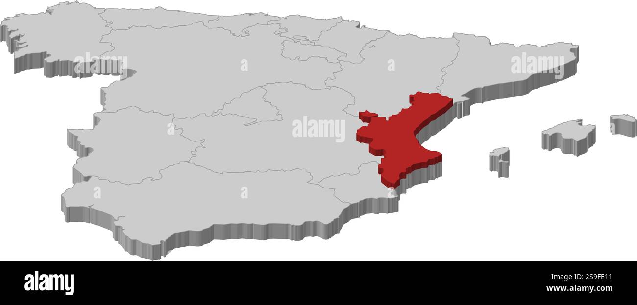 Map of Spain as a gray piece., Valencian Community is highlighted in ...