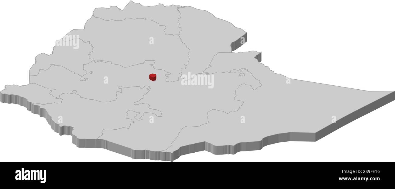 Map of Ethiopia as a gray piece, Addis Ababa is highlighted in red ...