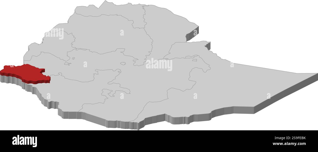 Map of Ethiopia as a gray piece, Gambela is highlighted in red Stock ...