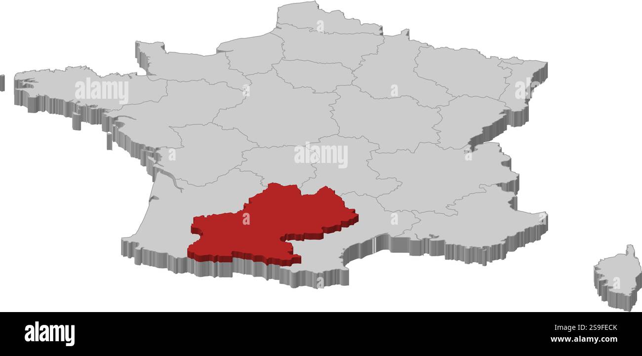 Map of France as a gray piece., Midi-Pyrénées is highlighted in red ...