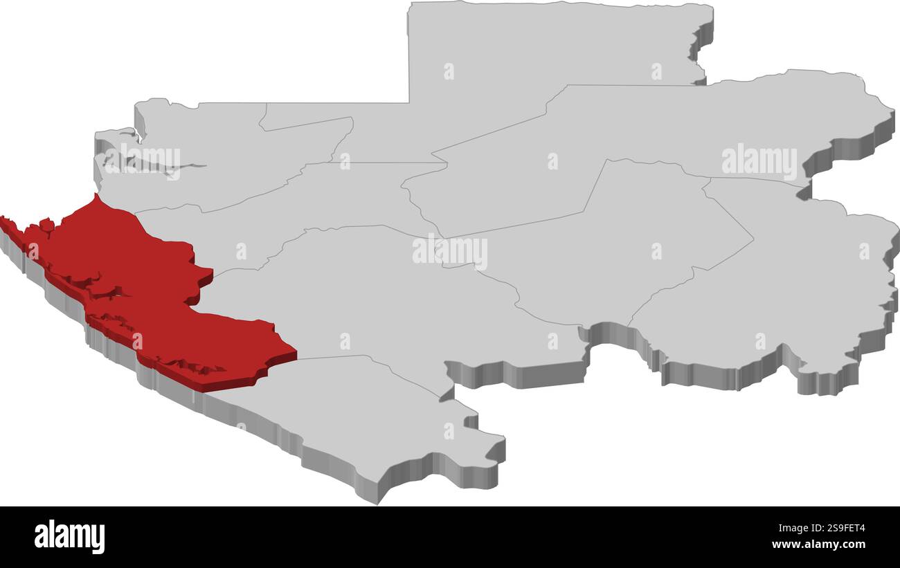 Map of Gabon as a gray piece, Ogooué-Maritime is highlighted in red ...