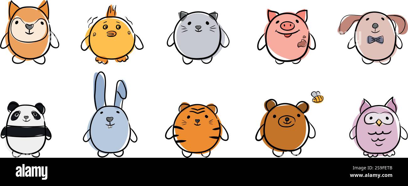 Doodles of cute animals - tiger, fox, bear, panda, chicken, owl, pig ...