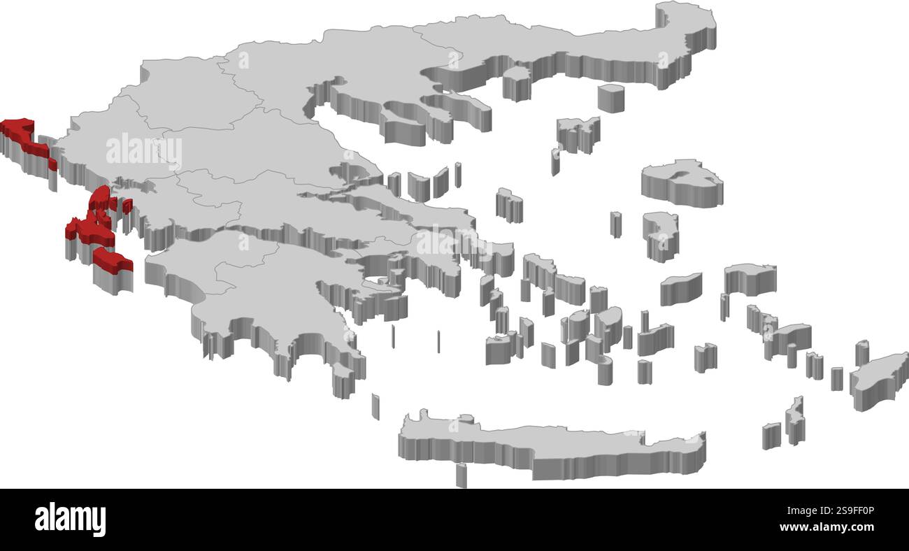 Map of Greece as a gray piece., Ionien Islands is highlighted in red ...