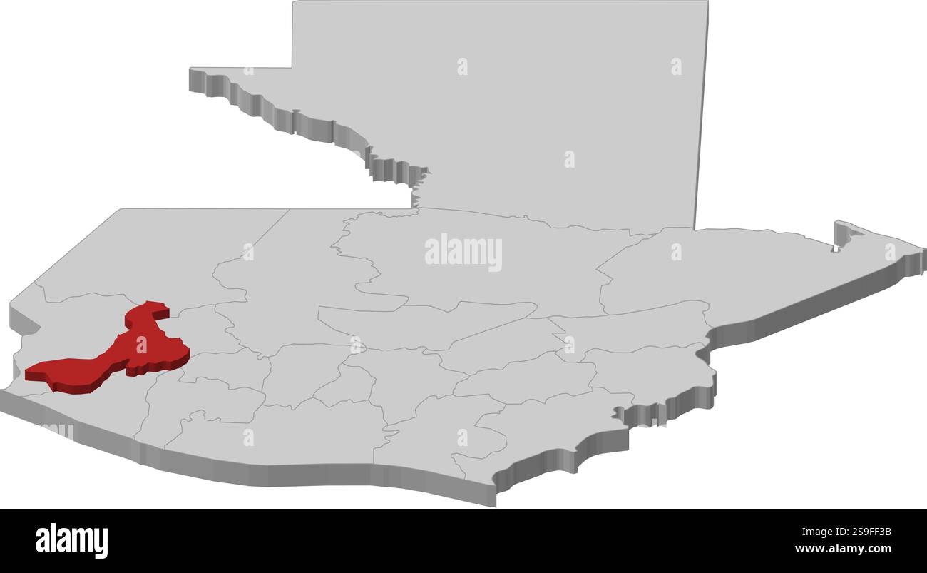 Map of Guatemala as a gray piece, Quetzaltenango is highlighted in red ...
