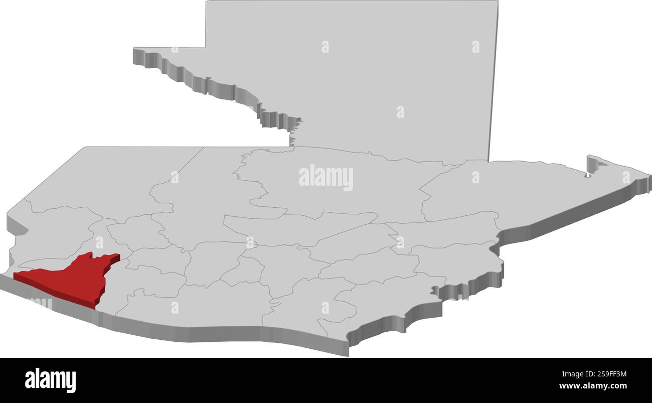 Map of Guatemala as a gray piece, Retalhuleu is highlighted in red ...