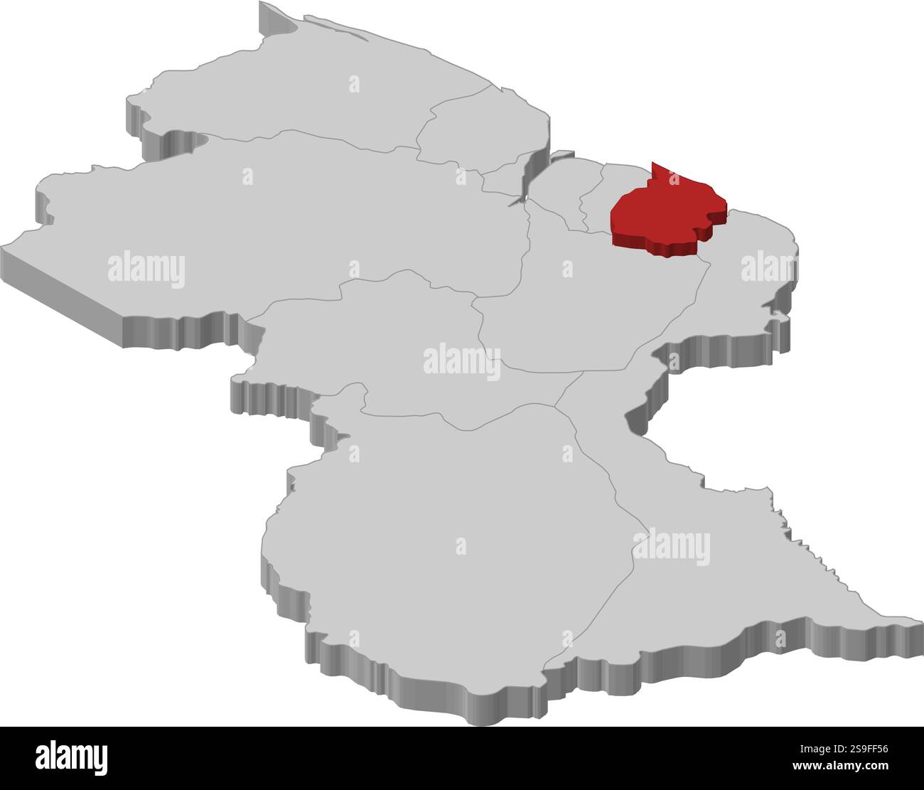 Map of Guyana as a gray piece, Essequibo Islands-West Demerara is ...